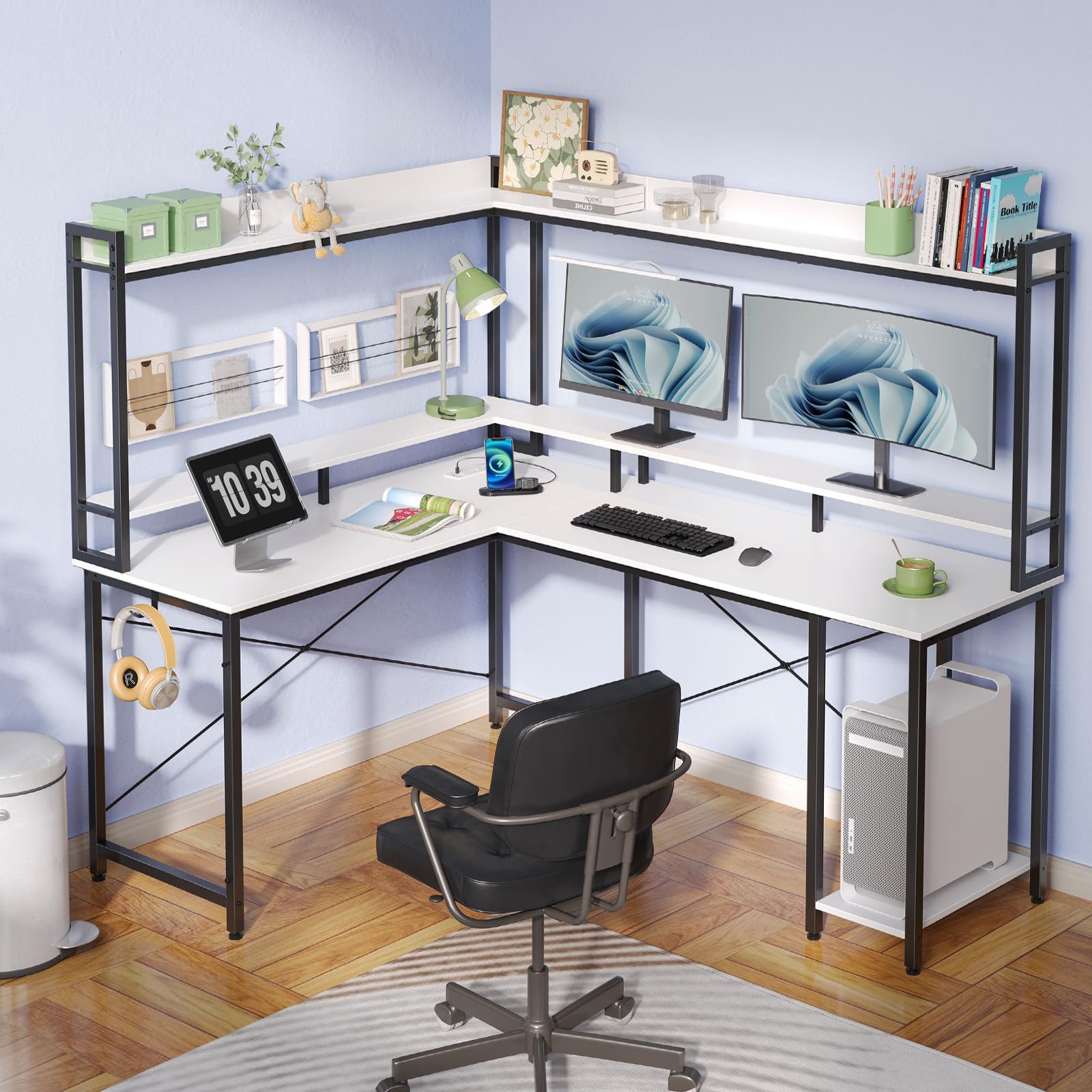 Rolanstar Computer Desk with Hutch & Storage Shelves, Gaming Desk with LED Lights & Power Outlets, L Shaped Desk, Corner Desk Home Office Desks, White