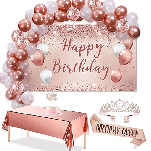 Trgowaul Birthday Decorations Balloon Garland Kit Arch for Women, Rose Gold Happy Birthday Banner, Sash and Tiara, Pink Birthday Cake Topper, Tablecloth for her, Party Favor Supplies Ideas Decor