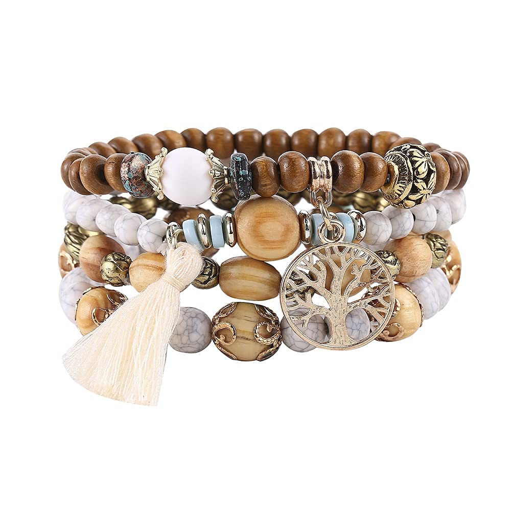 Twinfree Bohemian Stackable Bracelets Set for Women Boho Stretch Multilayer Colorful Stack Beads Bracelet 4 Pack