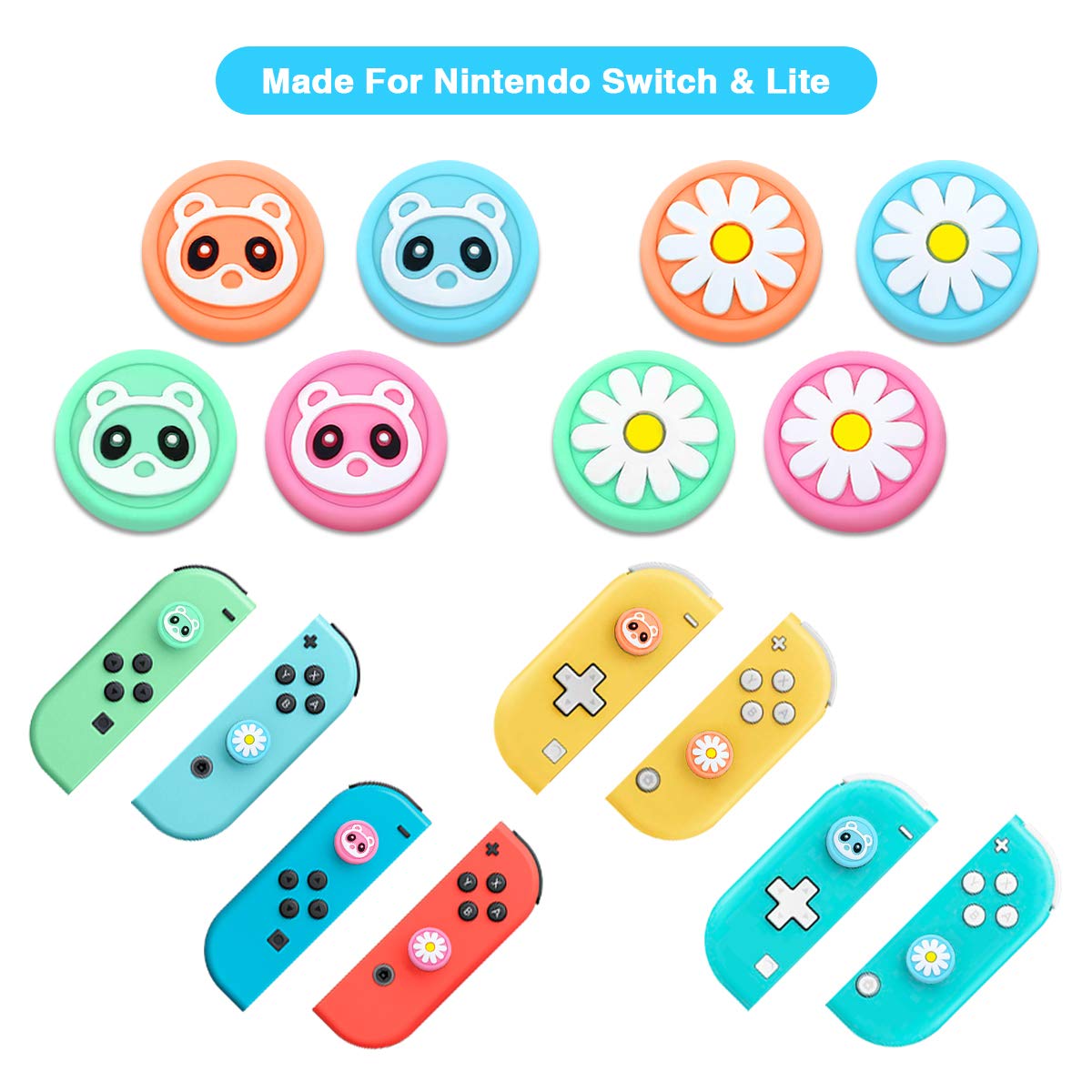 Thumb Grip Caps for Nintendo Switch & Lite Raccoon Flower 8 Pack Cute Design Soft Silicone Cover Joystick Caps Compatible with Switch Joy-Con, Pink&Blue& Green&Orange