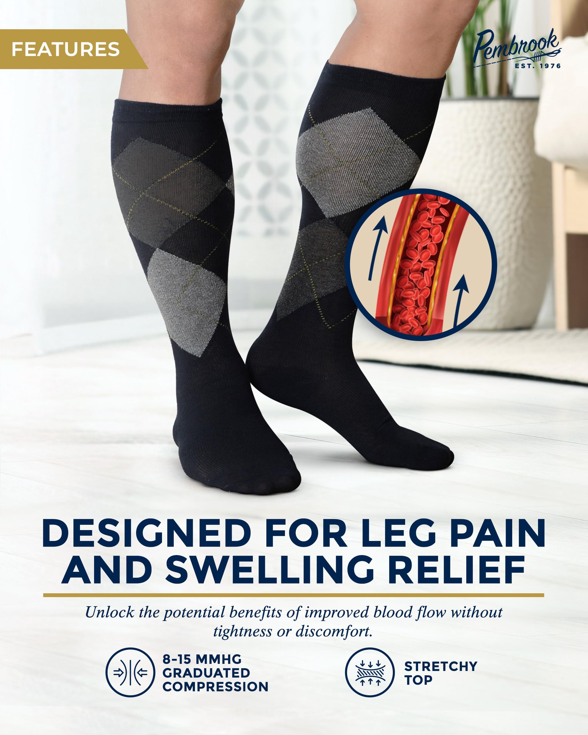 Pembrook Light Compression Socks for Men - 6 Pairs | 8-15 mmHg Cotton Compression Socks Men | Polkadots, Stripes, Argyle, Grey, Black Compression Socks for Men | Support Socks for Men