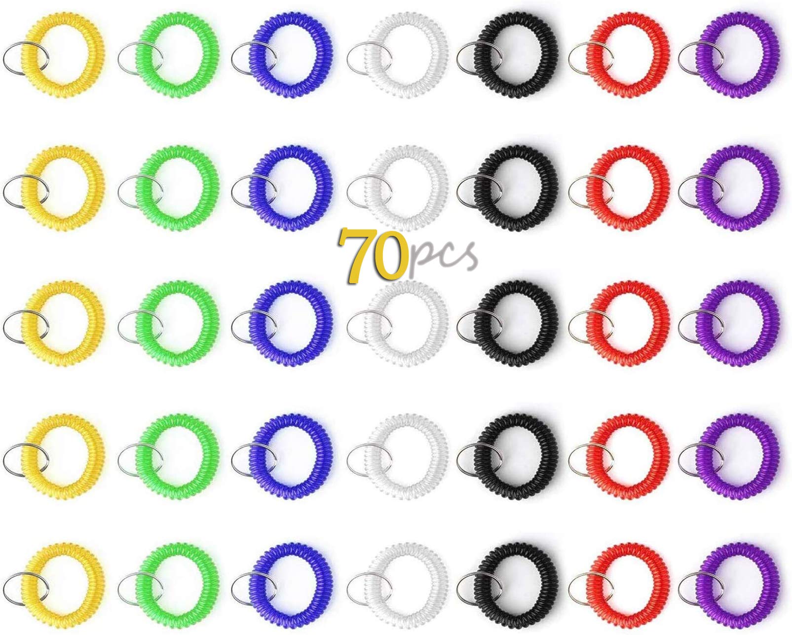 sansheng Pack of 70 Wrist Coil Keychain,Wrist Coil Key Ring,Stretchable Coil Keychain Bracelet,Plastic Coil Wrist Keychains(7 Colours)