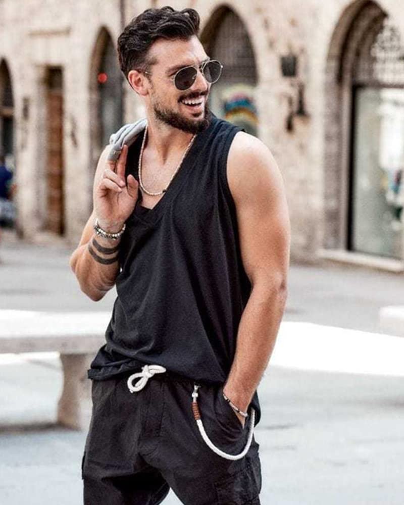 utcoco Men's Cotton Linen Tank Tops Solid Color V-Neck Cut Off Tee Summer Beach Sleeveless Shirts for Men (XL, Black)