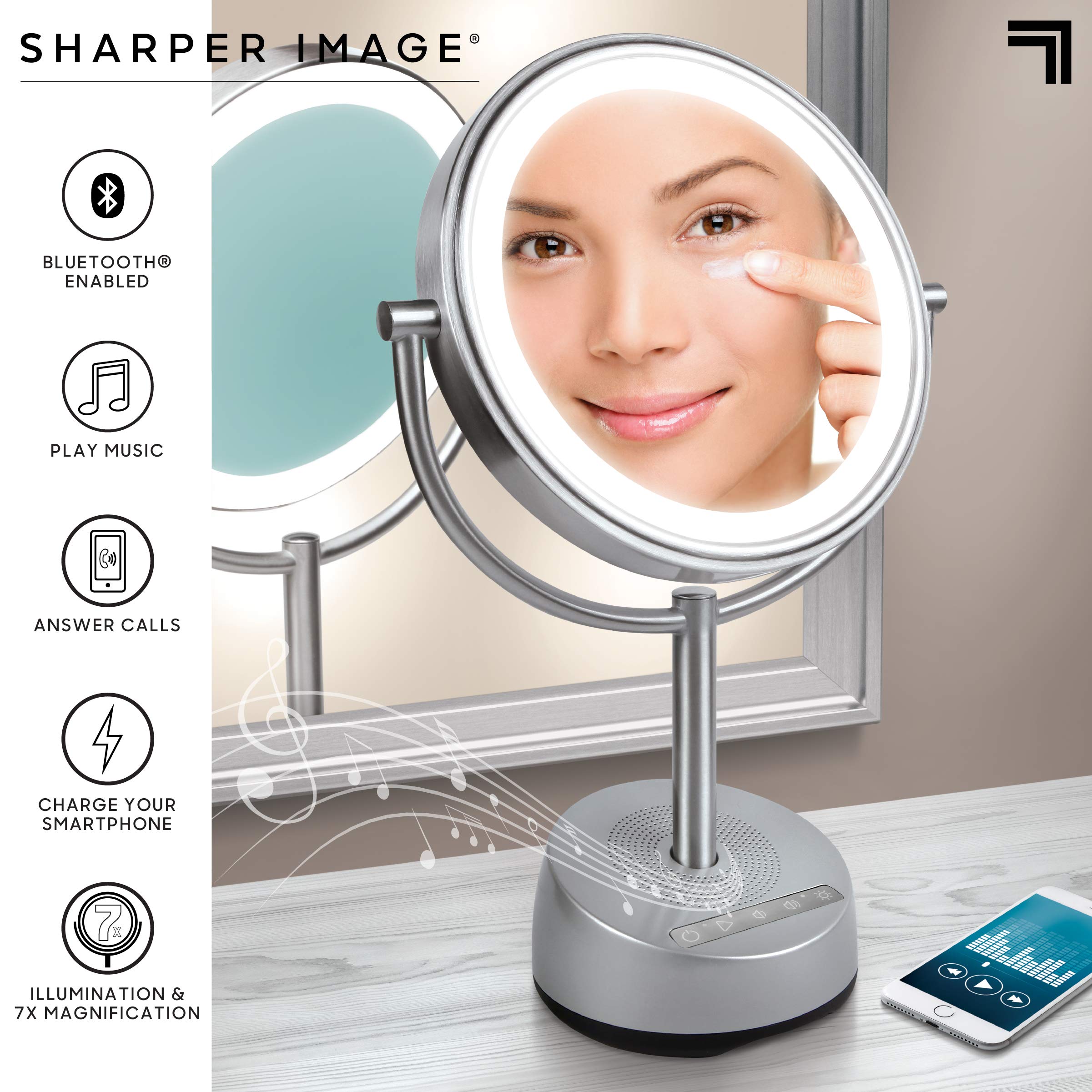 Sharper Image Bluetooth Vanity Makeup Mirror with Wireless Music Streaming, LED Light and Phone Charging Port…