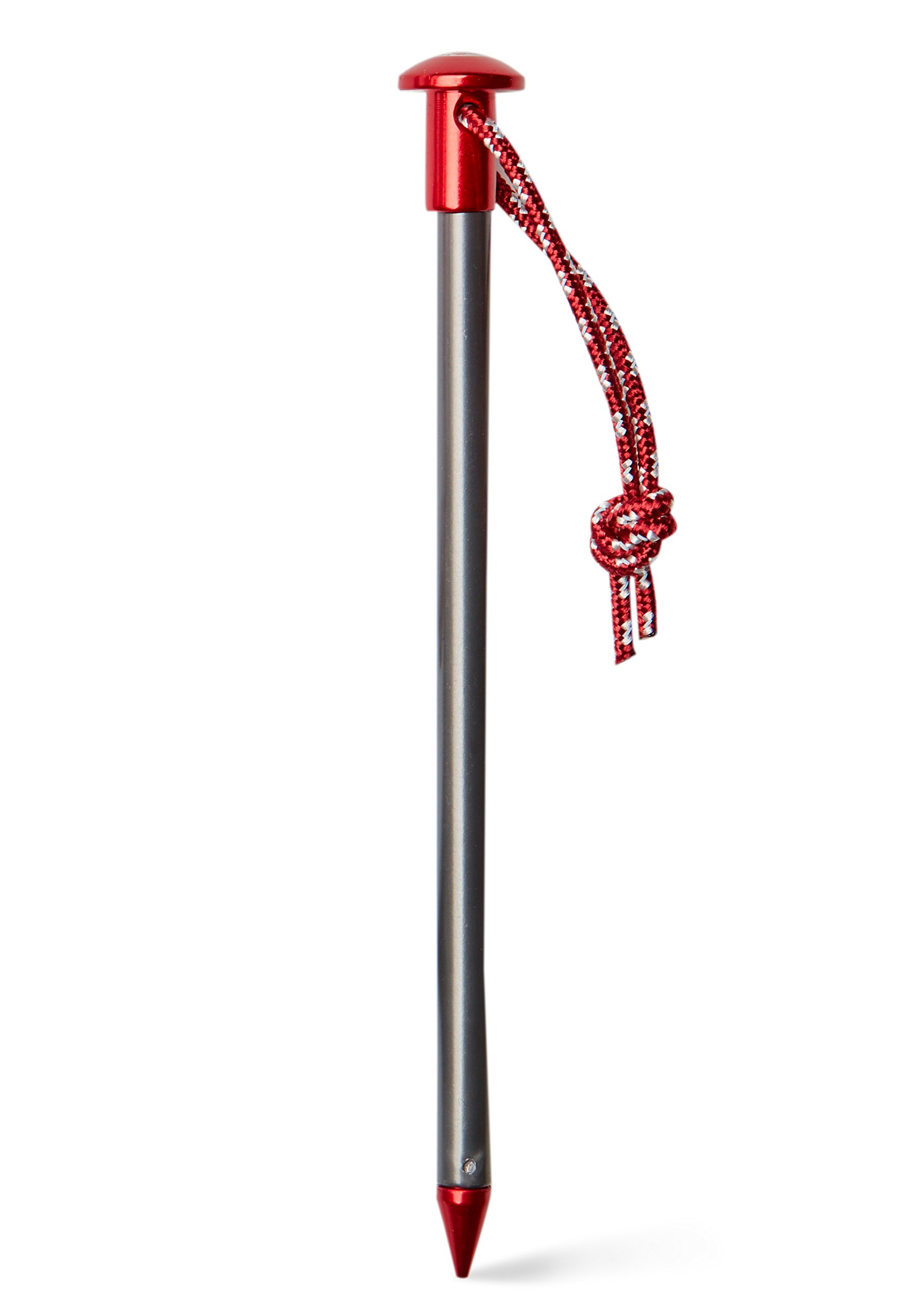 StayPut! Aero 7075 Lightweight Aluminum Anchor Peg Tent Stakes with Reflective Pull Cords for Hammock Camping and Backpacking (4-Pack, Titanium Gray & Red)
