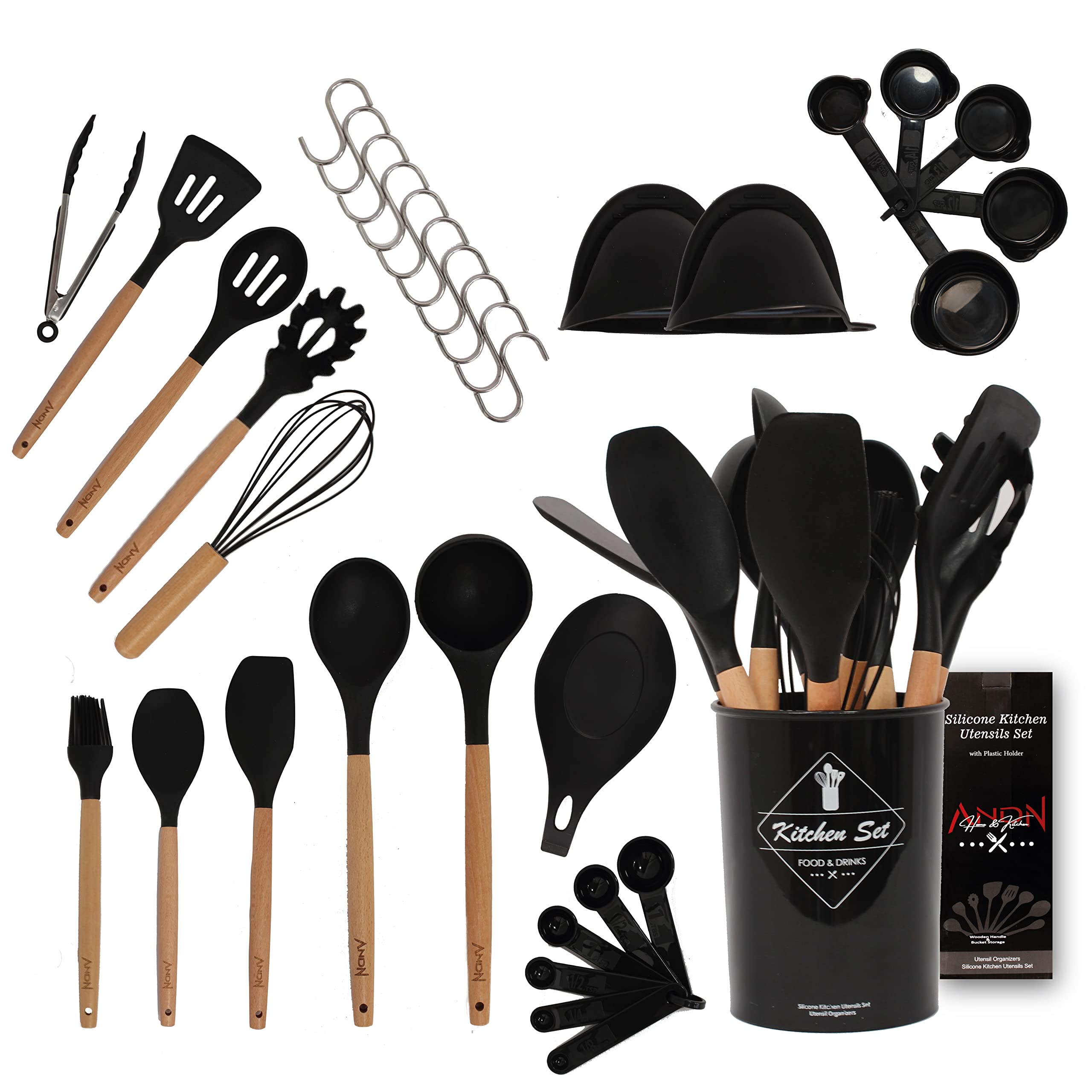 Premium 35-Piece Food Grade Silicone Kitchen Utensils Set | Nonstick Cooking Tools with Free Silicone Handles | Stylish Black Cookware Collection | BPA Free- Black