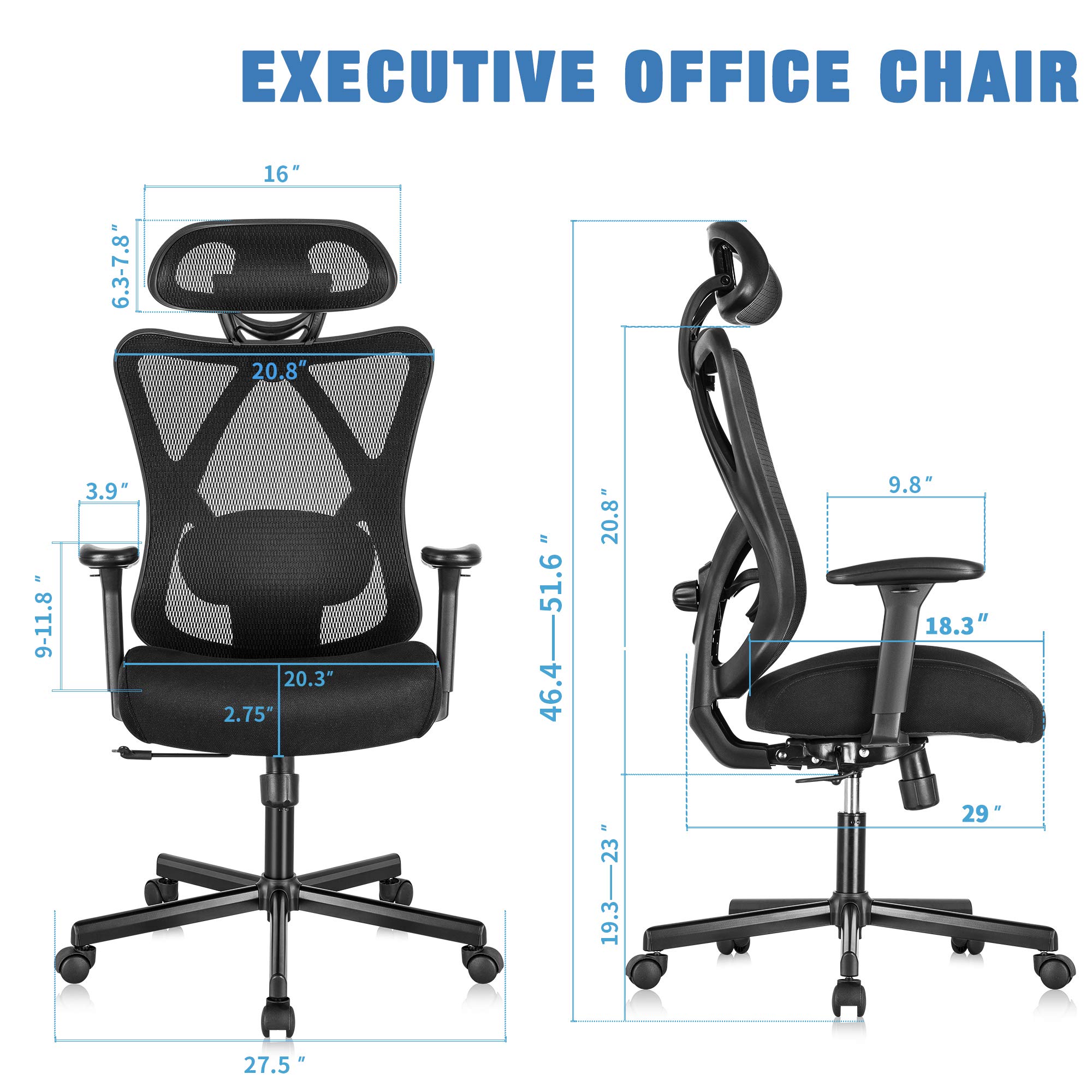 SUNNOW Ergonomic Office Chair, Mesh Computer Chair with Adjustable Lumbar Support & Thick Seat Cushion, Adjustable Headrest & Armrest, 135°Reclining, Swivel Executive Task Chair for Office, Work