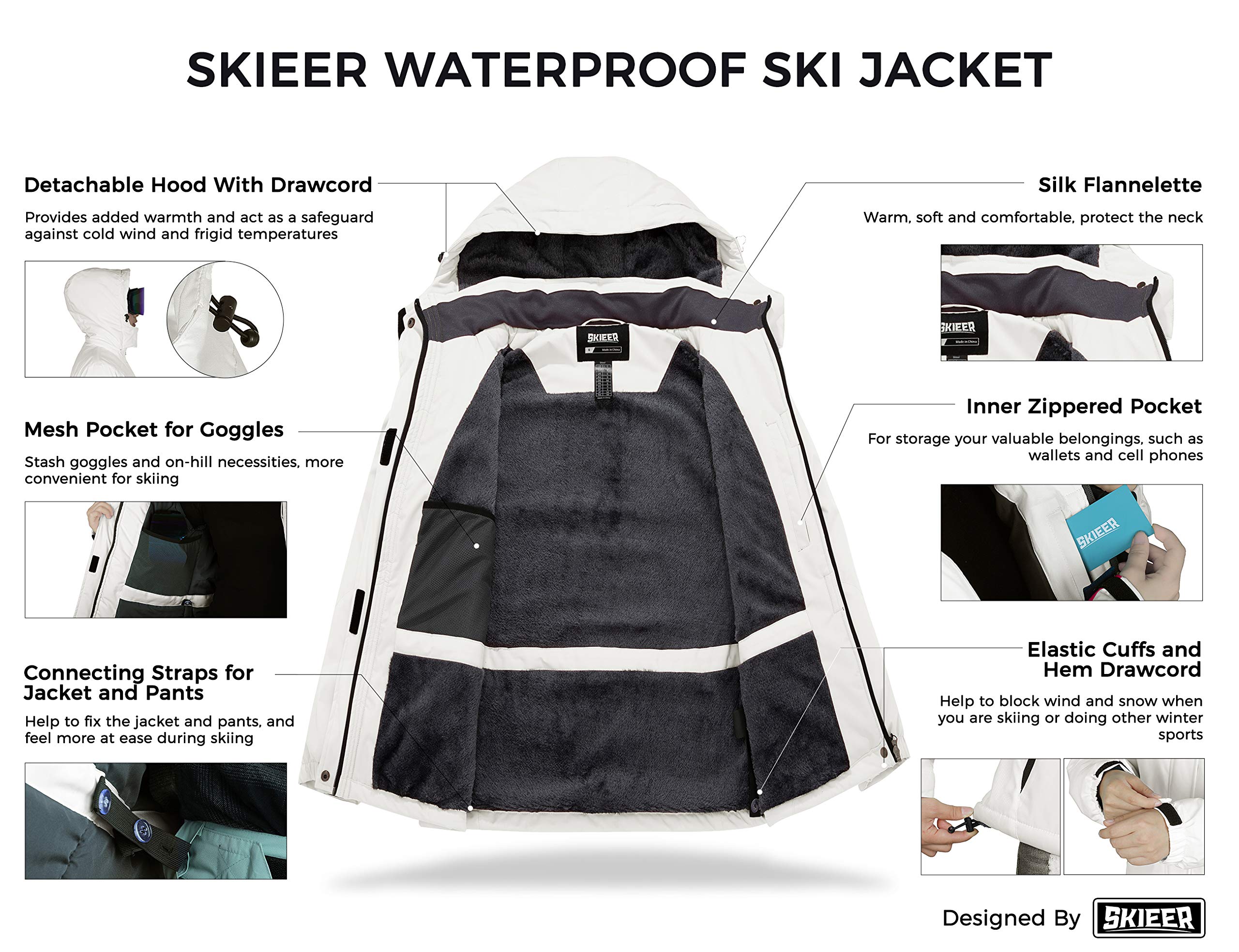 Skieer Women's Waterproof Ski Jacket Winter Parka with Detachable Hood White M