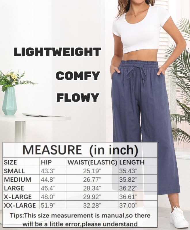 REDMORE High Waisted Linen Pants for Women Summer Wide Leg Capris Lightweight Casual Drawstring Trousers Palazzo Pants Army Green