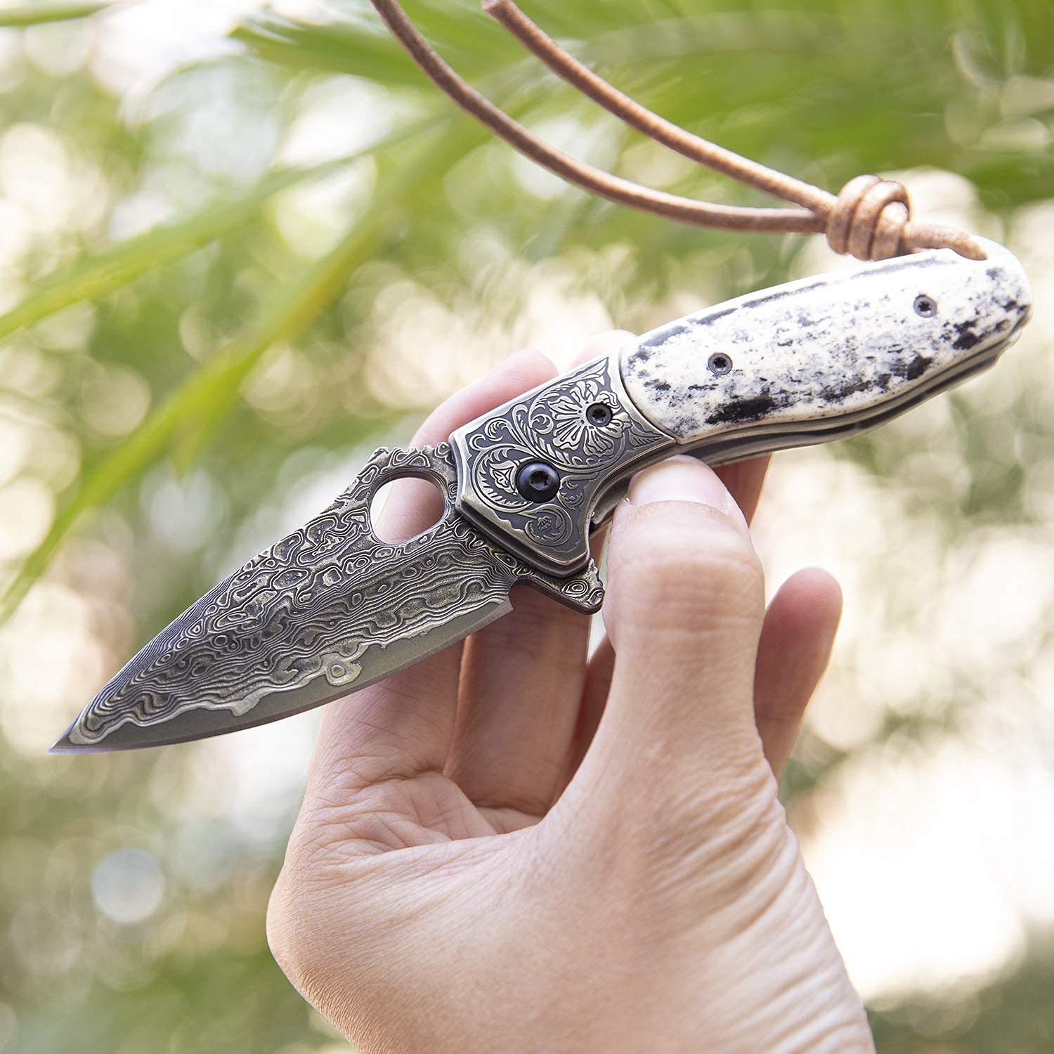 SPIRIT DEED EDC Pocket Knife for Men,2.5in Japanese Handmade VG0 Damascus Steel,Bone Handle,Liner Lock,Leather Sheath,Folding Knives for Camping and Hunting