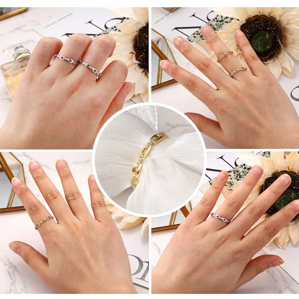 ZELORES 925 Sterling Silver Chain Link Rings for Women Simple Cubic Zirconia Eternity Rings Band Stacking Gold Rings Size 8