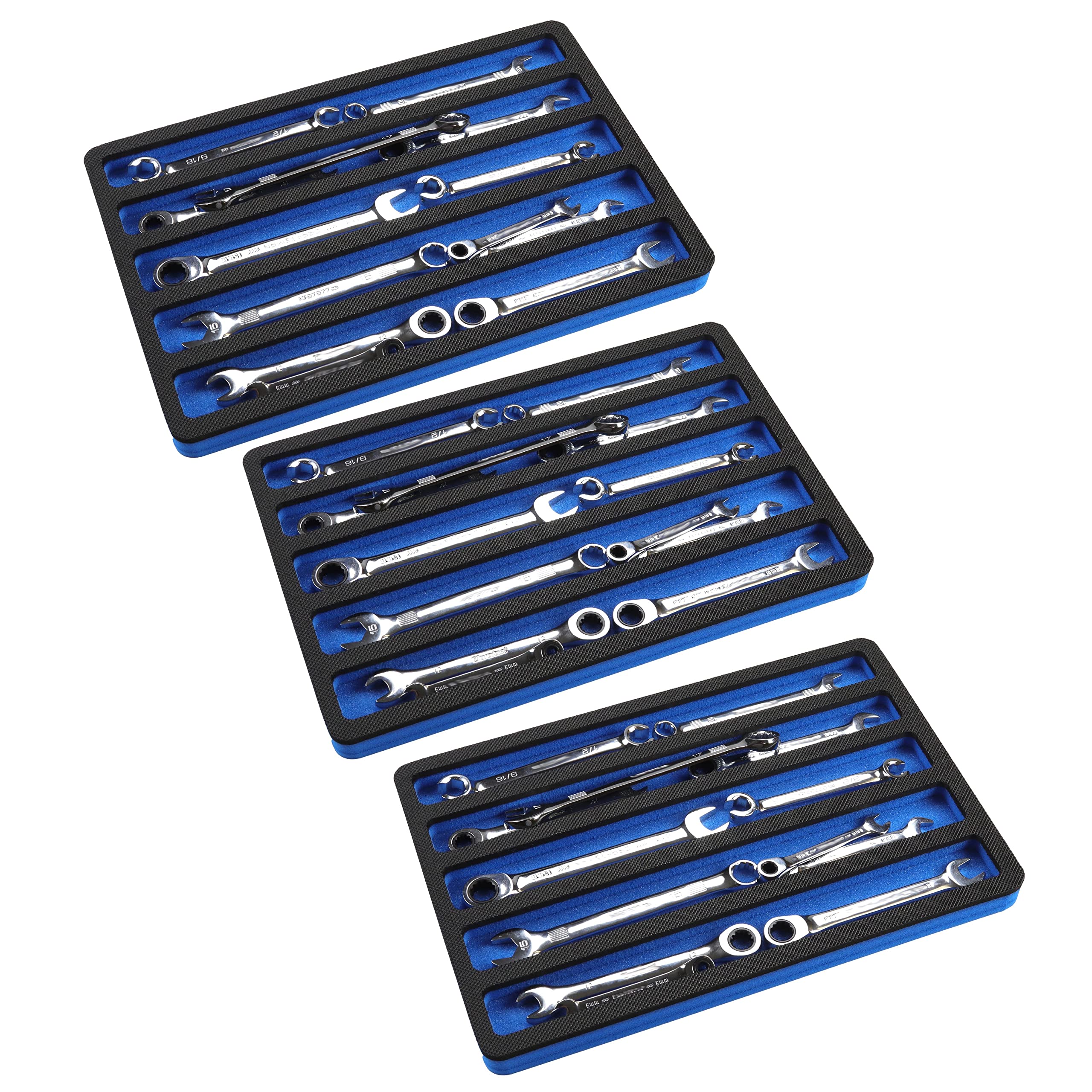 Polar Whale Tool Drawer Organizer 3-Piece Wrench Insert Set 5 Pockets Blue and Black Durable Foam Holds Many Tools 15 x 10 Inch Trays Fits Craftsman Husky Kobalt Milwaukee Many Others