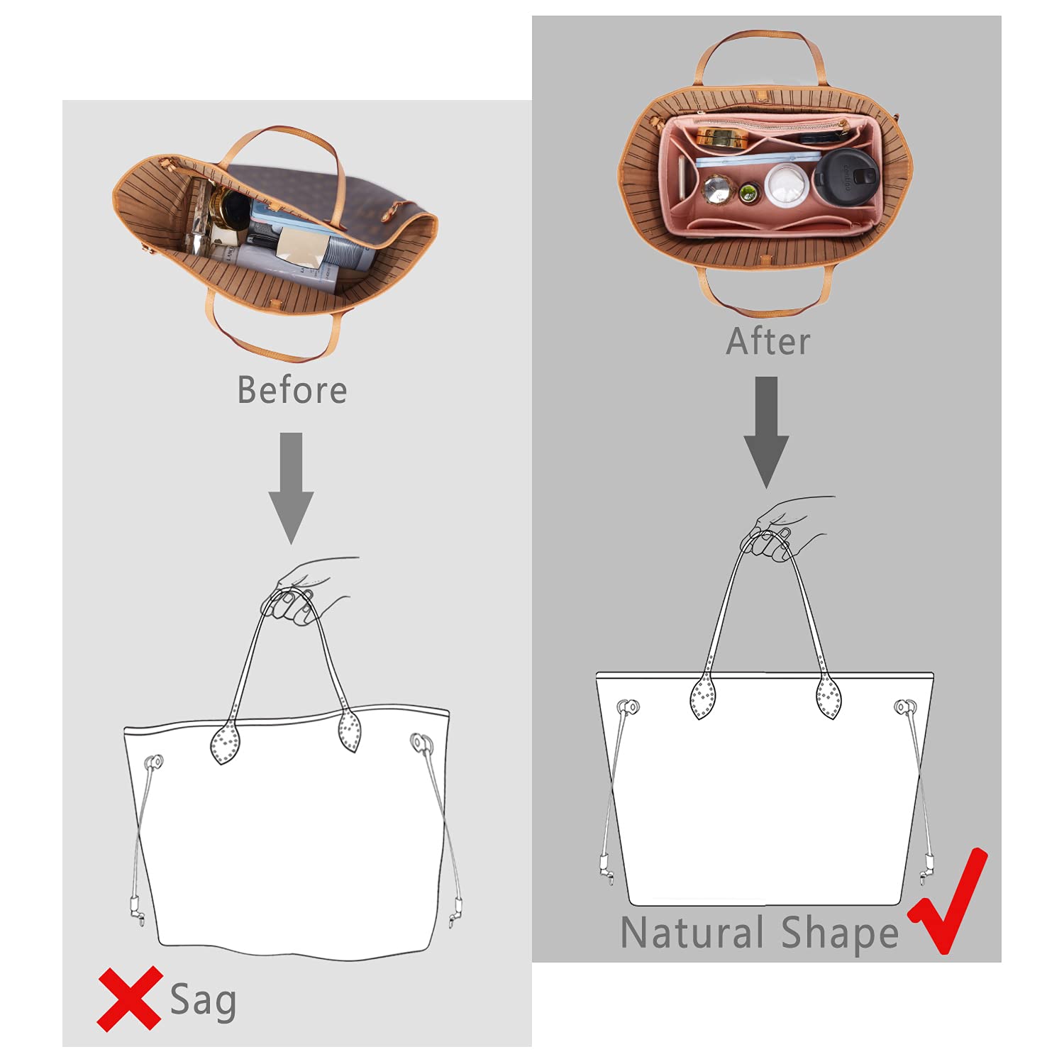 ZTUJO Purse Organizer Insert With Bottle Holder, Felt Bag Organizer Perfect for Speedy, Neverfull, Tote and More (Slender Medium, Brush Pink)