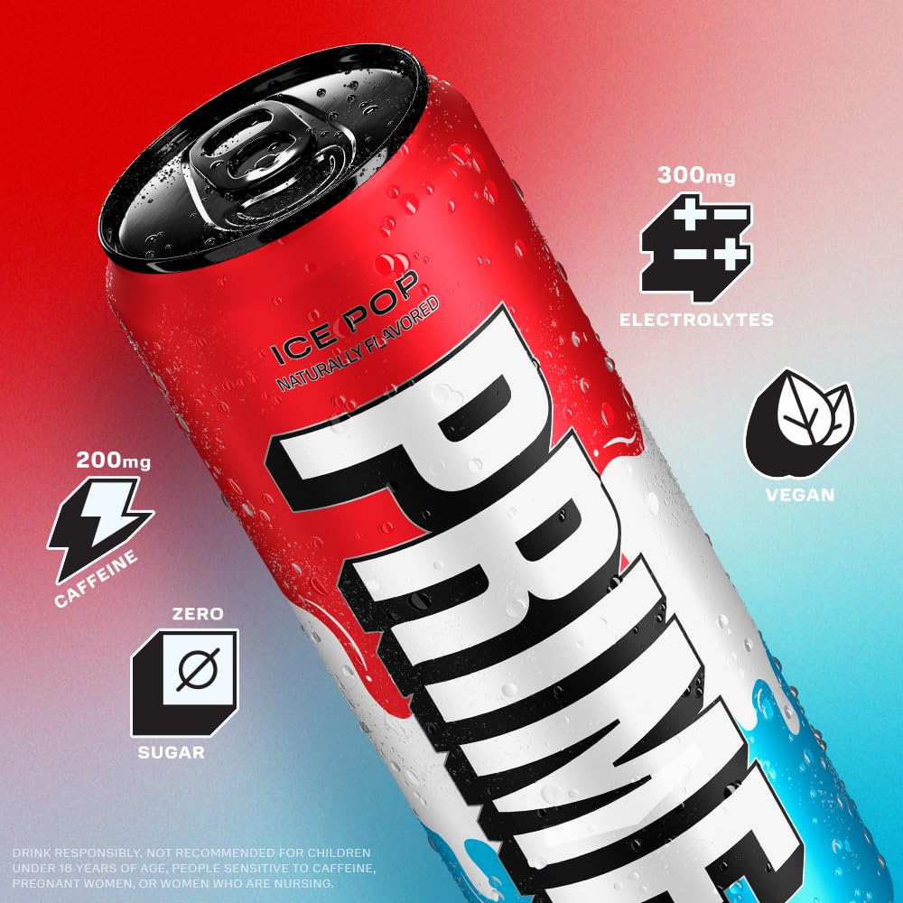PRIME Energy ICE POP | Zero Sugar Energy Drink | Preworkout Energy | 200mg Caffeine with 355mg of Electrolytes and Coconut Water for Hydration| Vegan | Gluten Free |12 Fluid Ounce | 12 Pack