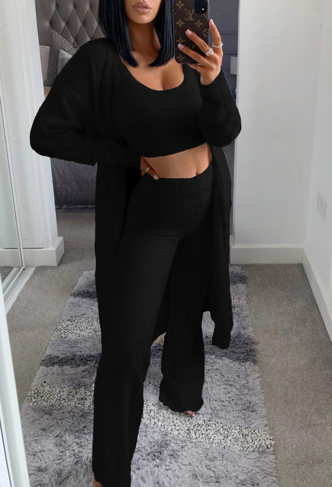VamJump Womens 3 Piece Outfits Fuzzy Fleece Open Front Cardigan Crop Top Wide Leg Pants,Black,L