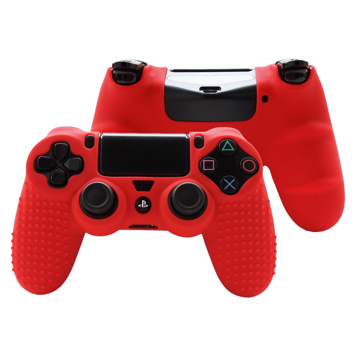 PS4 Controller Grips,Pandaren Studded Anti-Slip Silicone Cover Skin Set Compatible for PS4 /Slim/PRO Controller(Red Controller Skin x 1 + FPS PRO Thumb Grips x 8)