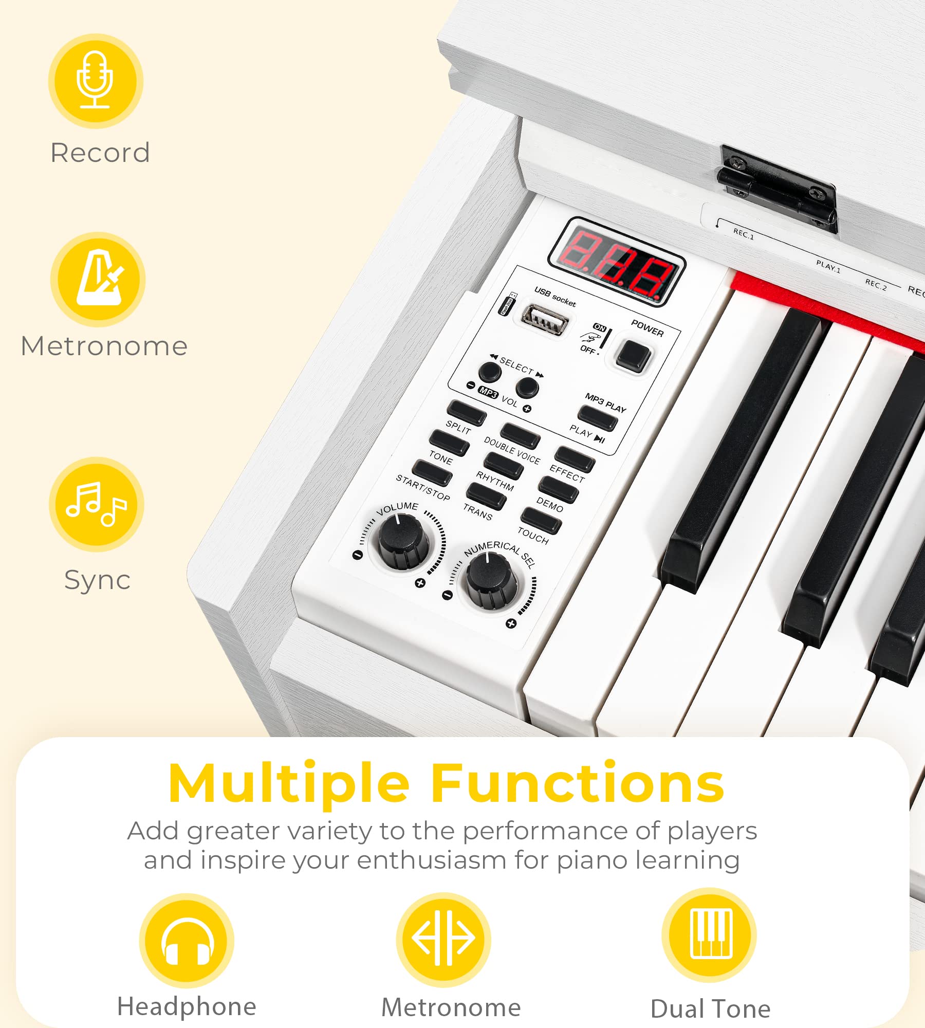 Vangoa Digital Piano 88 Keys Weighted Hammer Action Home Digital Piano Full size White with Furniture Stand, Flip Key Cover, Three Pedals and Power Adapter