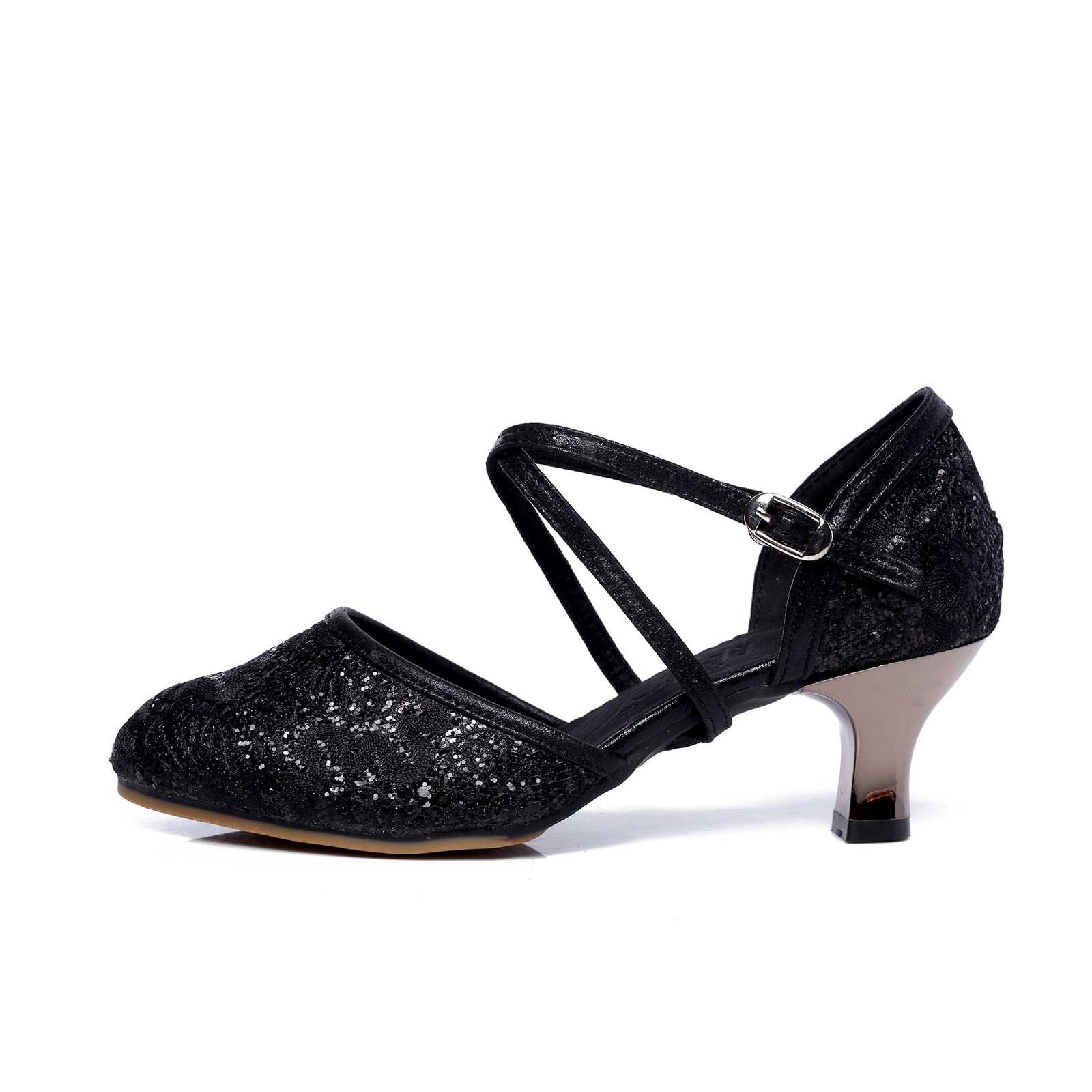 Women Latin Dance Shoes Sequin Salsa Tango Ballroom High Heeled Dancing Shoes(Black,US 7)