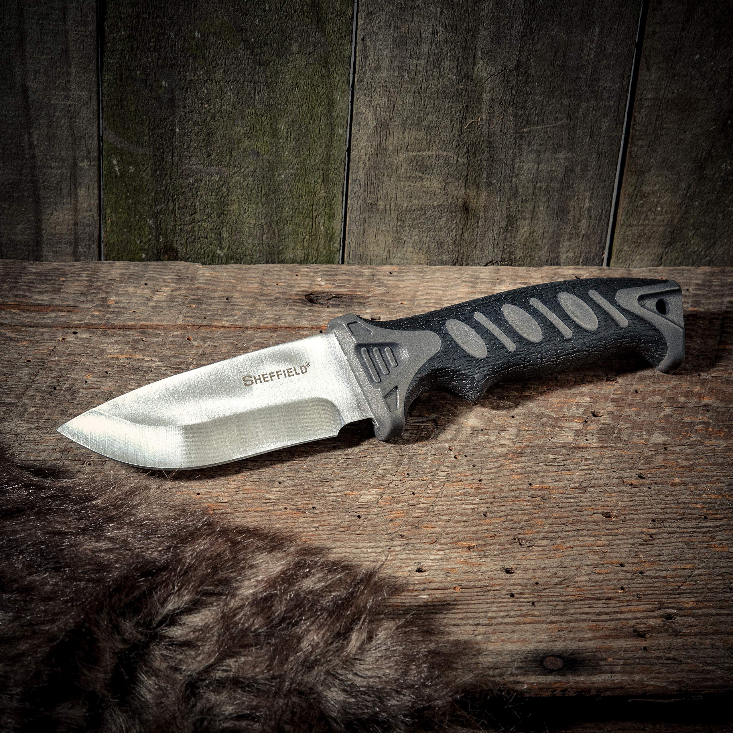 Sheffield 12186 Sitka 4 Inch Drop Point Fixed Blade Hunting Knife with Sheath, Full Tang Blade, Pocket Knife for Skinning, Self Defense, and More