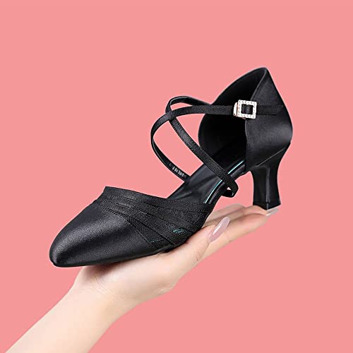 Women Girls Latin Dance Shoes Satin Salsa Tango Ballroom Dancing Shoes(Black,US 7.5)
