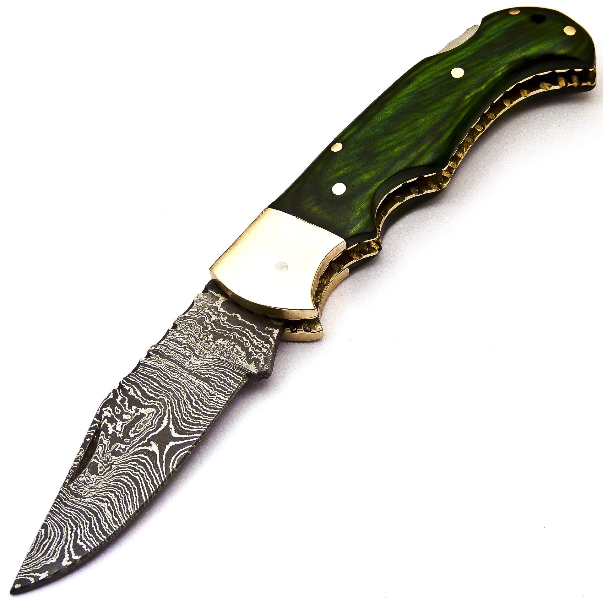 SkokieKnives Custom Hand Made Damascus Steel Hunting Folding Pocket Knife Handle Green Pakka Wood G