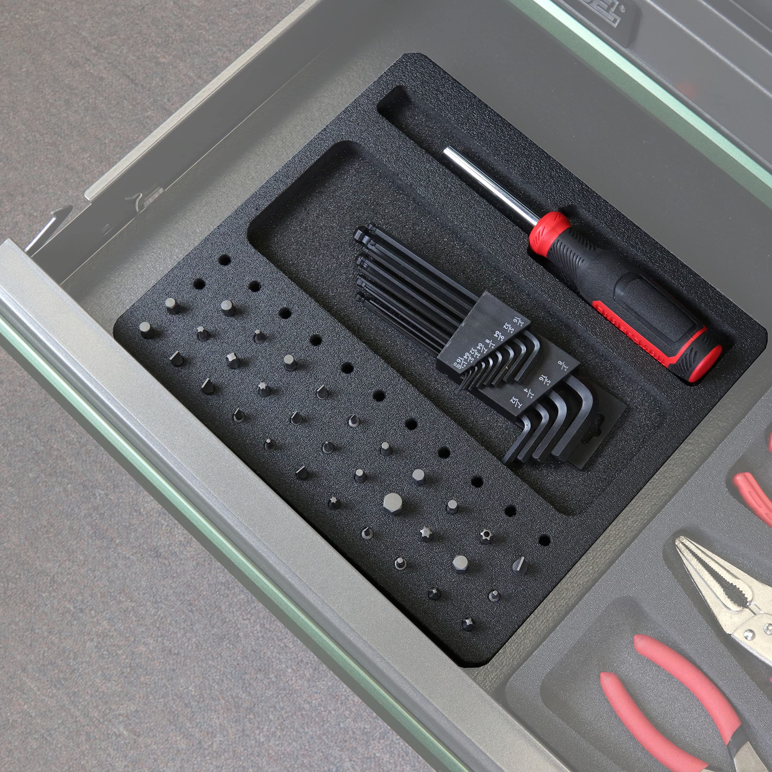 Polar Whale Tool Drawer Organizer Socketed Screwdriver Holder Insert Black Durable Foam Tray Holds Drivers Up To 10 Inches Holds 44 Bits Fits Craftsman Husky Kobalt Milwaukee Many Others