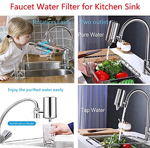 Water Filter Faucet for Sink,Water Purifier with ACF Filter Element,Kitchen Water Filter System,with Double Outlet High Flow to Reduce Chlorine,Lead,BPA Free and Improve Hard Water(2Filters Included)