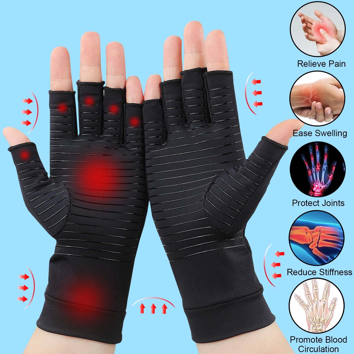 Semikk 2 Pair Compression Gloves for Women Men, Copper Arthritis Gloves for Rheumatoid Arthritis Osteoarthritis Carpal Tunnel