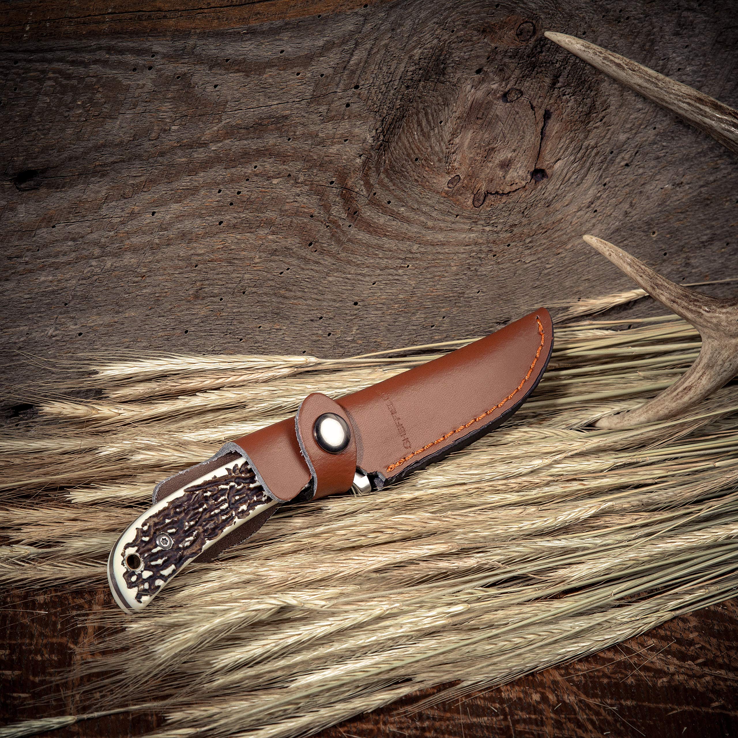 Sheffield 12190 Herod 3.75 Inch Fixed Blade Hunting Knife, 4.5 Inch Injection Stag Handle, 420 SS Drop Point Blade, Full Tang Survival Knife