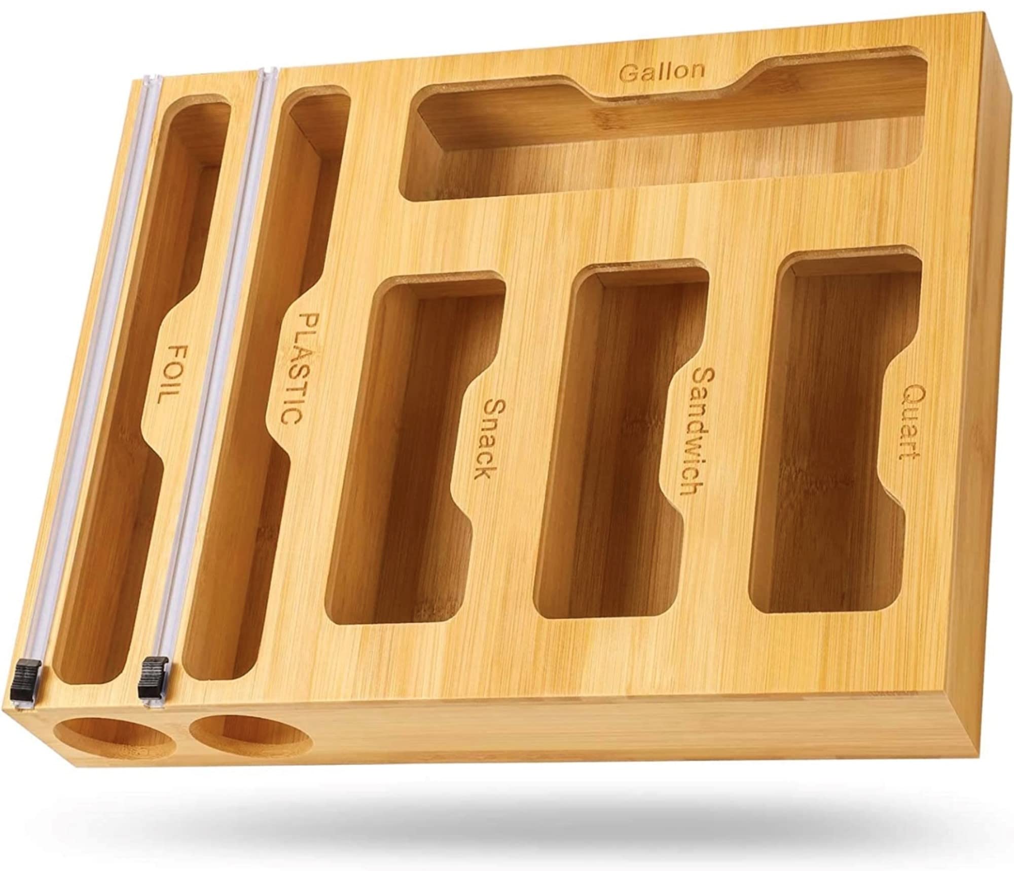 Ziplock Bag Storage Organizer for Kitchen Drawer, 6 in 1 Foil and Plastic Wrap Dispenser with Cutter, Bamboo Zip Lock Plastic Bag Baggie Organizer for Gallon, Quart, Sandwich, Snack 13" x 17" x 3.5"