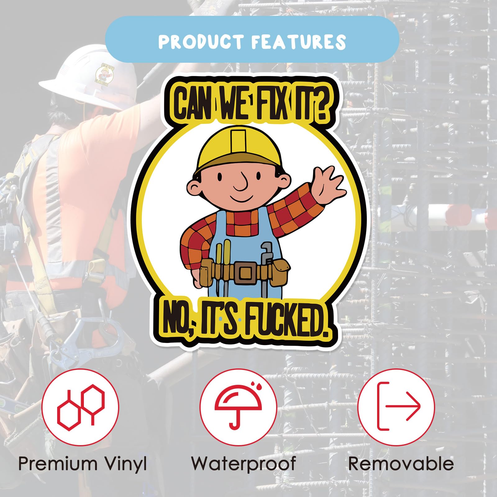 XMJY 5 Pack Funny Hardhat Stickers - Can We Fix It? No, It's Fucked, Cute Cartoon Hard Hat Stickers for Builder, Waterproof Vinyl Stickers for Tool Box, Helmet (2 inch)
