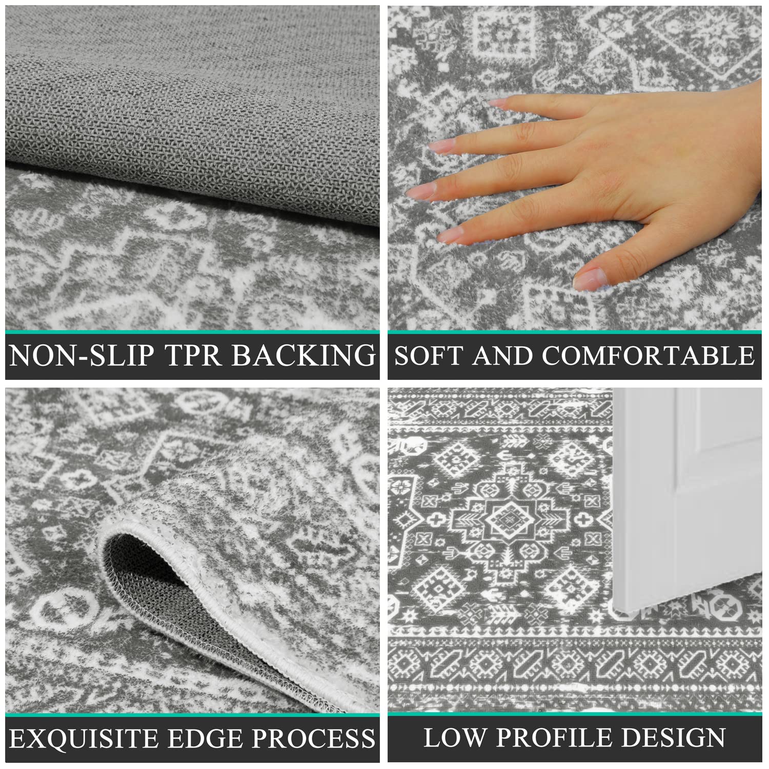 Pauwer Vintage Boho Area Rug 5'X 7', Non-Slip Distressed Area Rug Accent Throw Low Pile Rugs, Non-Shedding Madallion Floor Carpet for Bedroom Living Room Dining Home Office, Grey