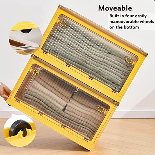 Zelloa Stackable Storage Bins with Lids, Large Clear Collapsible Storage Bins with Wheels,14Gal Folding Storage Box,5 Opening Ways,Closet Organization,20.08”L x 14.17”W x 11.28”H,Yellow
