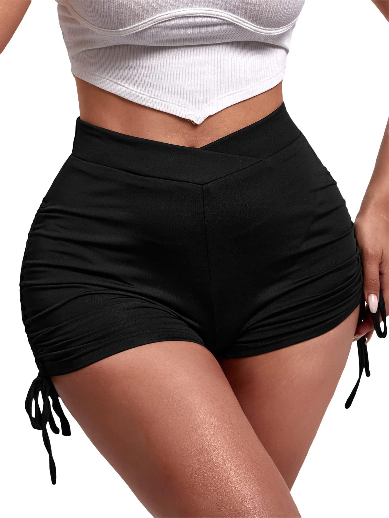 Verdusa Women's Ruched Drawstring Side High Waist Workout Yoga Skinny Shorts Black XL