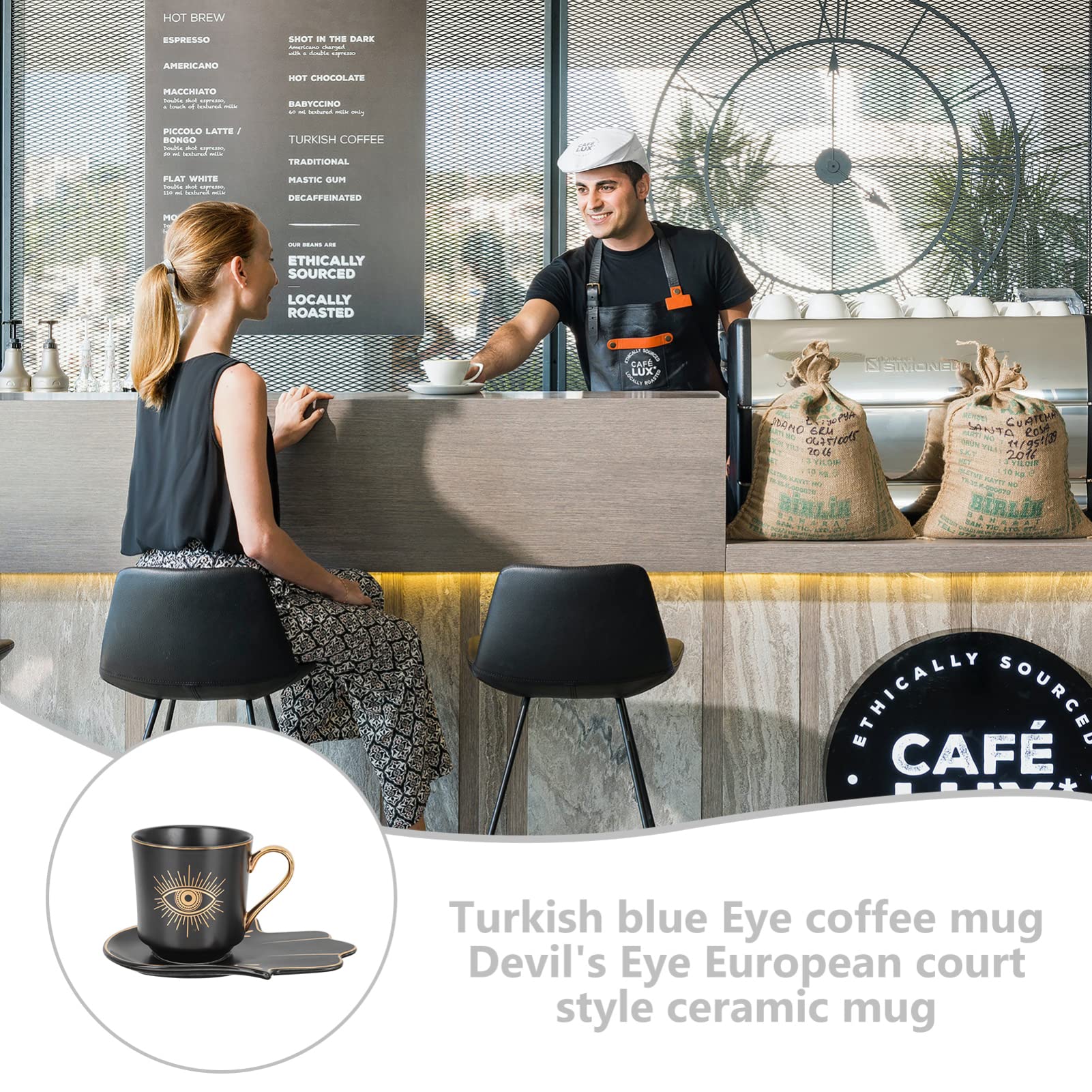 Tofficu Evil Eye Coffee Mug: Vintage Ceramic Teacup Turkish Arabic Greek Tea Server Sets Lucky Evil Eye Coffee Cup with Saucer for Cappuccino Mocha Tea Cereal Latte Mulled Wine