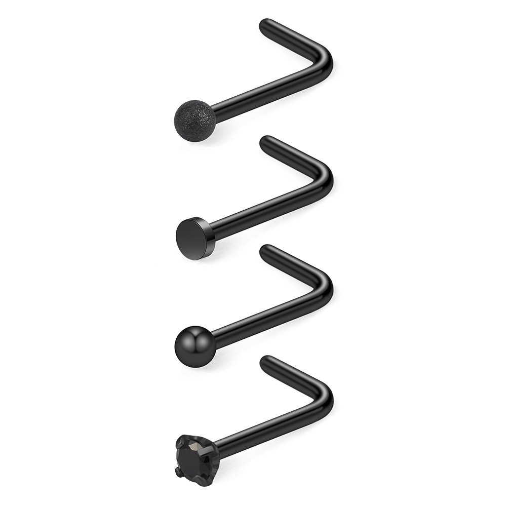 Ruifan 4PCS 20G 316L Surgical Steel 2mm Top Flat & Shiny Ball & Matte Ball & Black Round CZ Curved Nose Stud Ring L Shaped Piercing Jewelry - Black