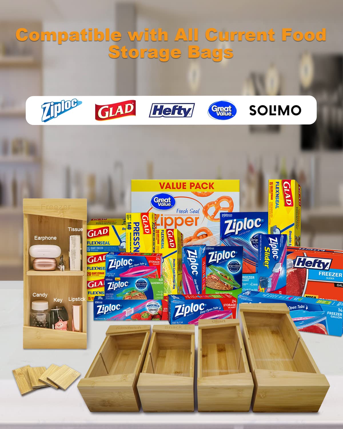 Ziplock Bag Storage Organizer, Kitchen Bag Organizer Container, Desk organizer and storage, Jewelry Drawer Organizer for Bedroom Bathroom