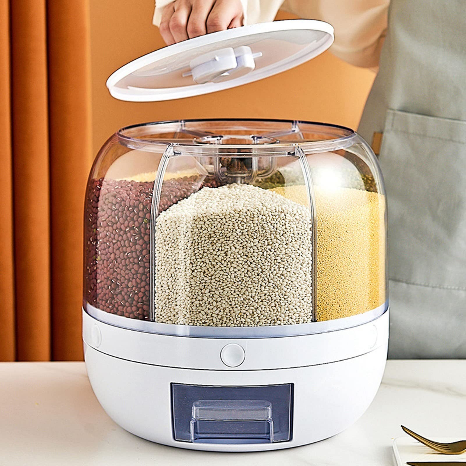 Zerodis Grain Dispenser, 360° Rotating Rice Storage Container with Lid Household Dry Food Bucket for Kitchen Soybean Corn Beans