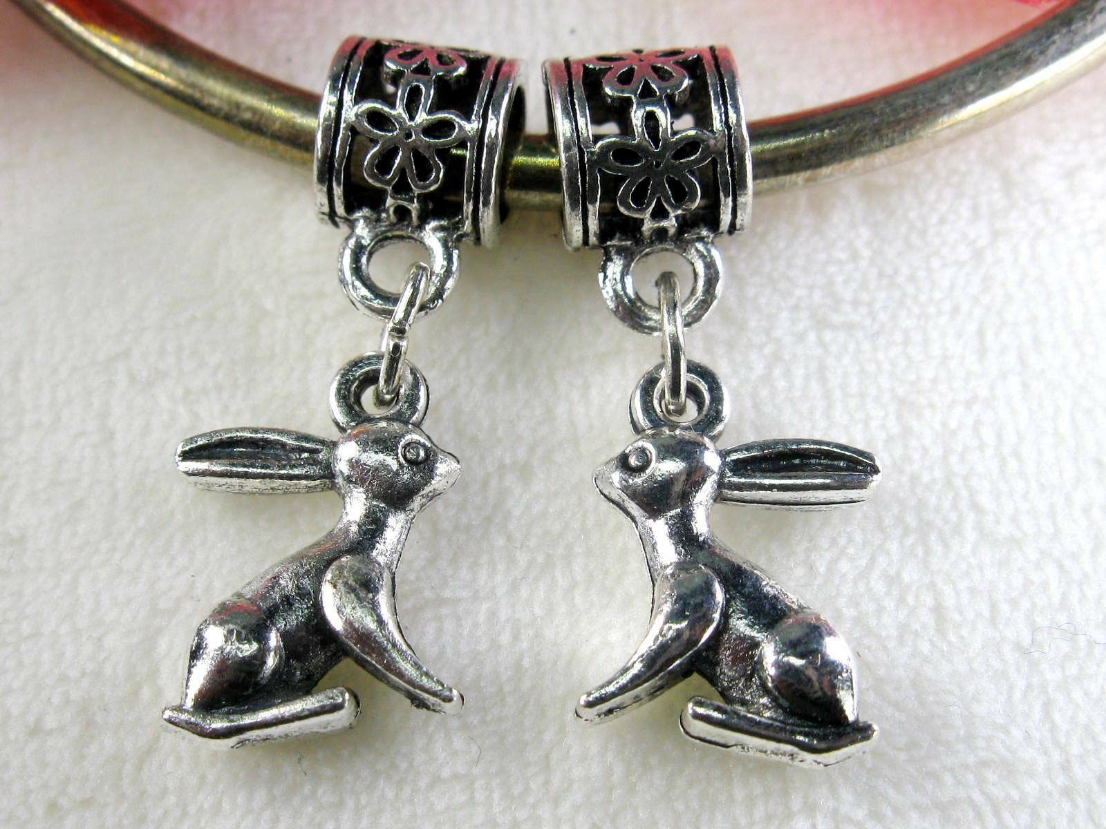 Vergenta| 2 Super Cute Bunny Rabbits Tibetan Silver Dangle Charms for European Jewelry USA Ship from USA