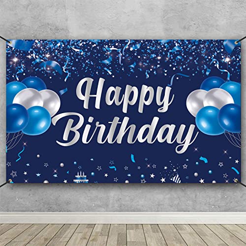 Trgowaul Happy Birthday Banner Backdrop, Blue and Silver Birthday Party Decorations, Birthday Party Supplies Men Women, Birthday Gifts Photo Background Banner Decor Girls Boys Kids Outdoor Indoor