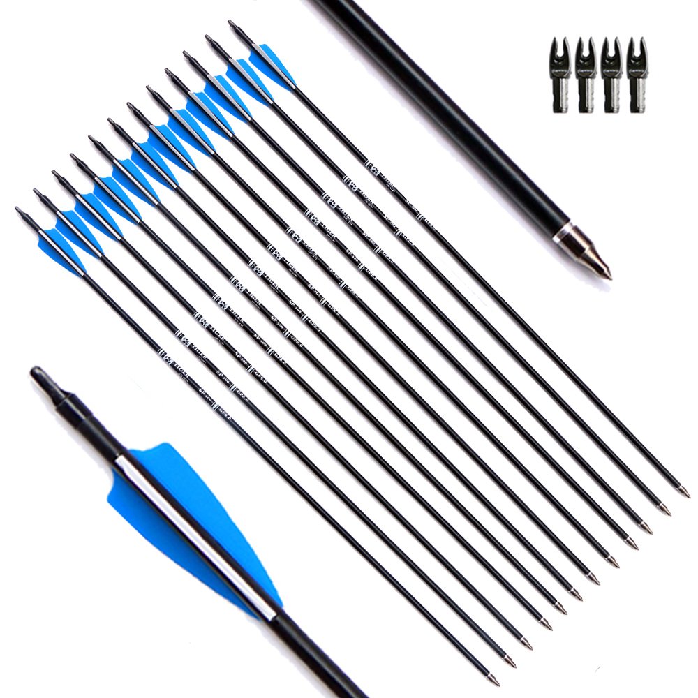 Tiger Archery 30inch Fiberglass Arrow with Replaceable Arrowhead Spine 500 for Recurve and Compound Bow Hunting and Practice Hunting (Black White, 30)