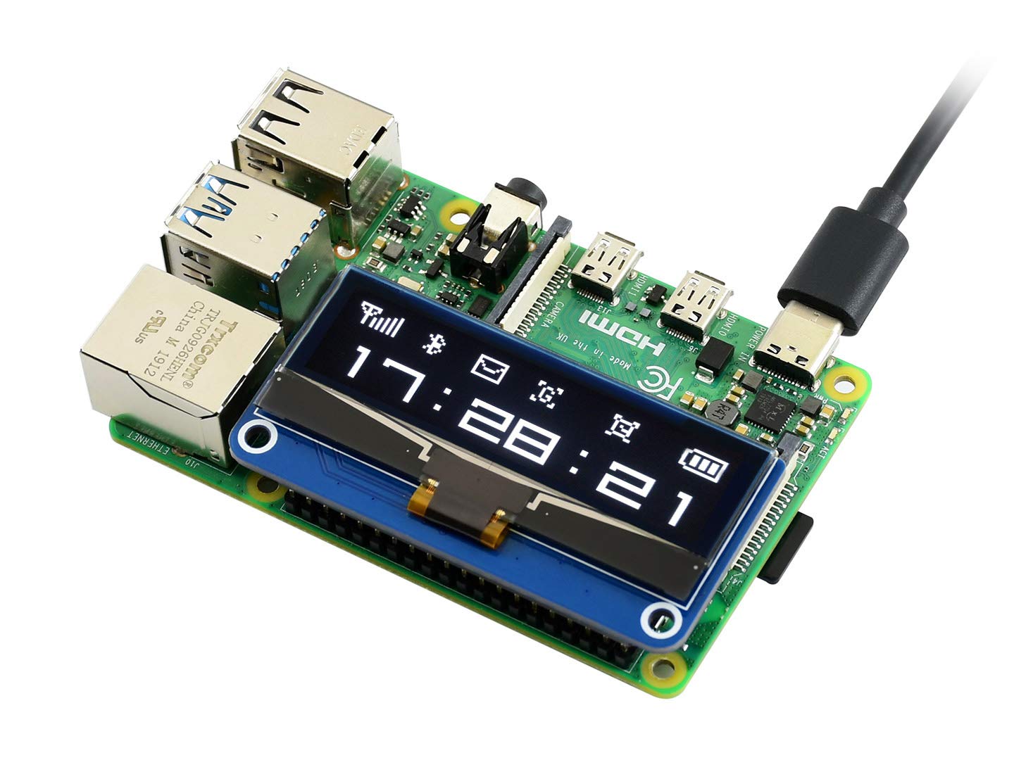 waveshare 2.23inch OLED Display HAT for Raspberry Pi 128×32 Pixels with Embedded 1305 Driver Communicating via SPI or I2C Interface.