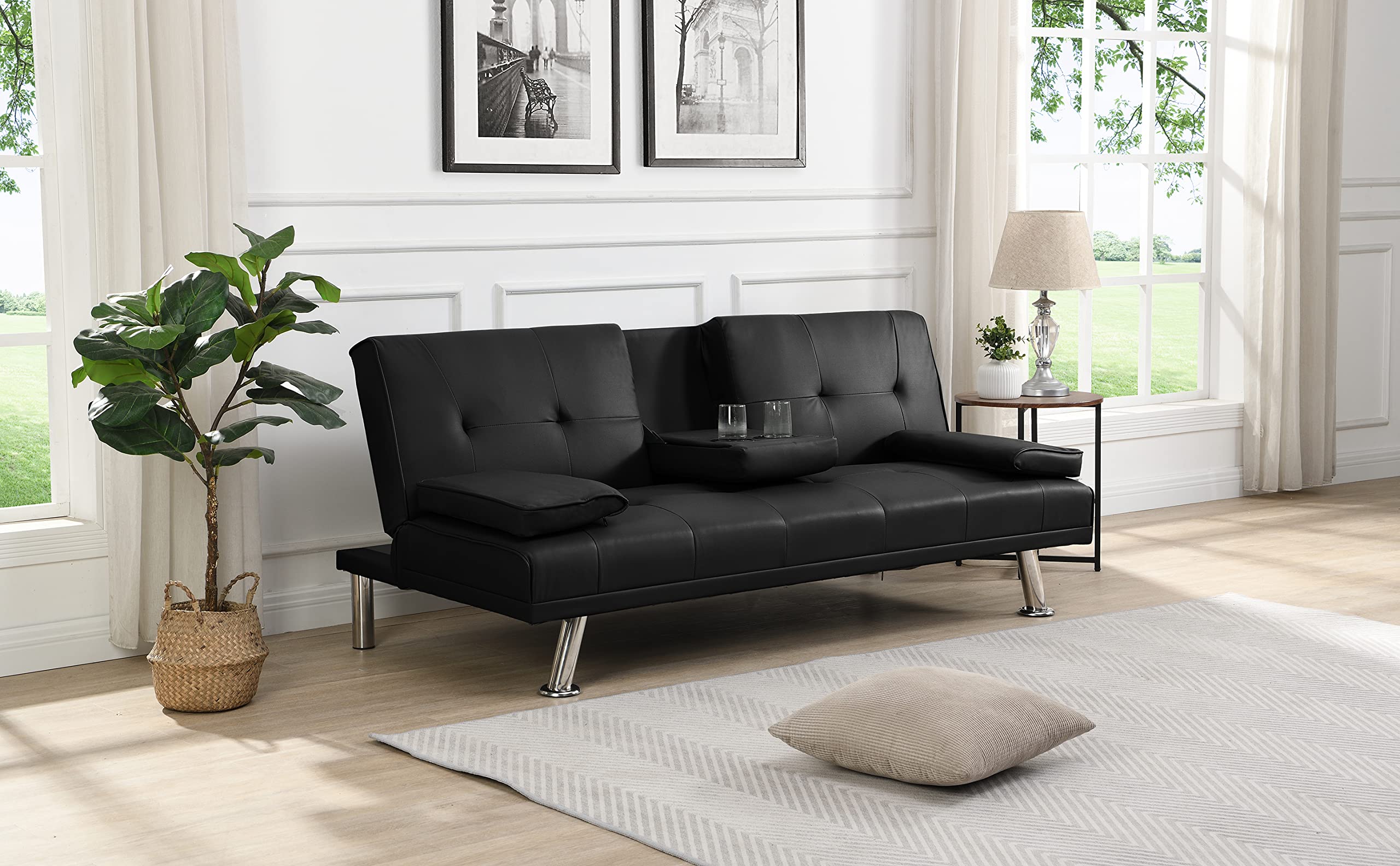 PU Leather Futon Sofa Bed Convertible Upholstered Modern Sofa Sleeper Couch with Detachable Armrests 2 Cup Holders Stainless Steel Legs Black, Suitable for Compact Living Spaces, Apartments