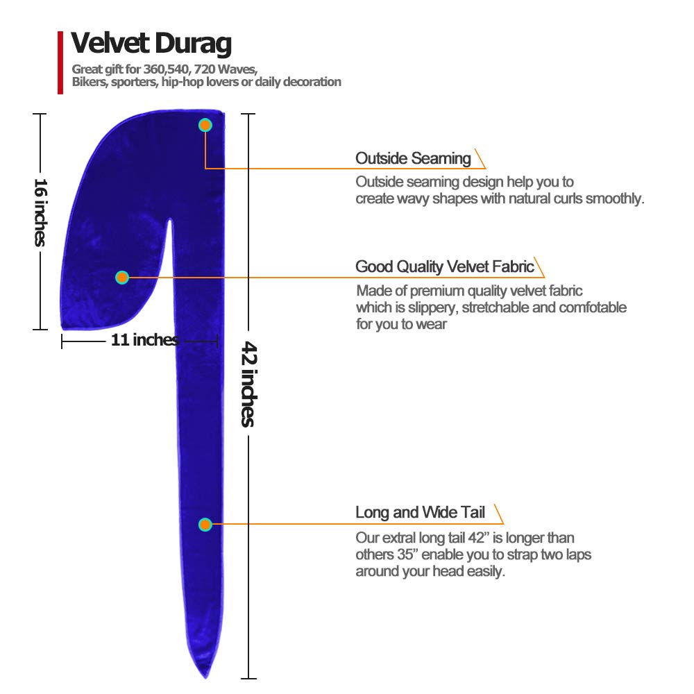 Velvet Men Durag –Premium Durag Cap Headwraps (2PCS) with Extra Long Tail and Wide Straps for 360 Waves