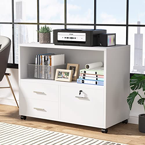 Tribesigns 3 Drawer File Cabinet with Lock, Mobile Lateral Filing Cabinet with Rolling Wheels, Large Printer Stand with Open Storage Shelves for Home Office (White)