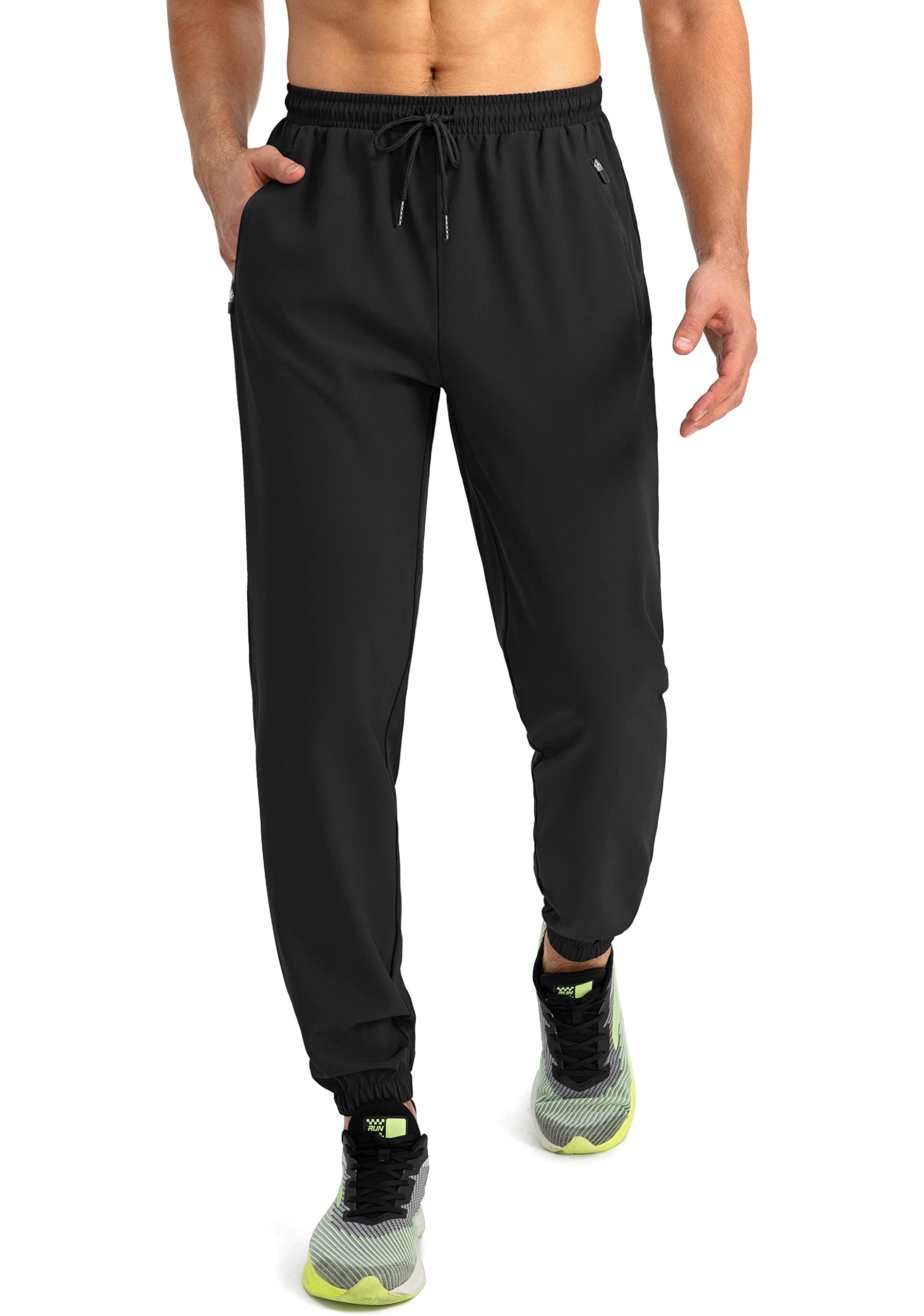 SANTINY Men's Lightweight Jogger Pants Athletic Workout Running Pants Tapered Joggers for Men with Zipper Pockets (Black_L)