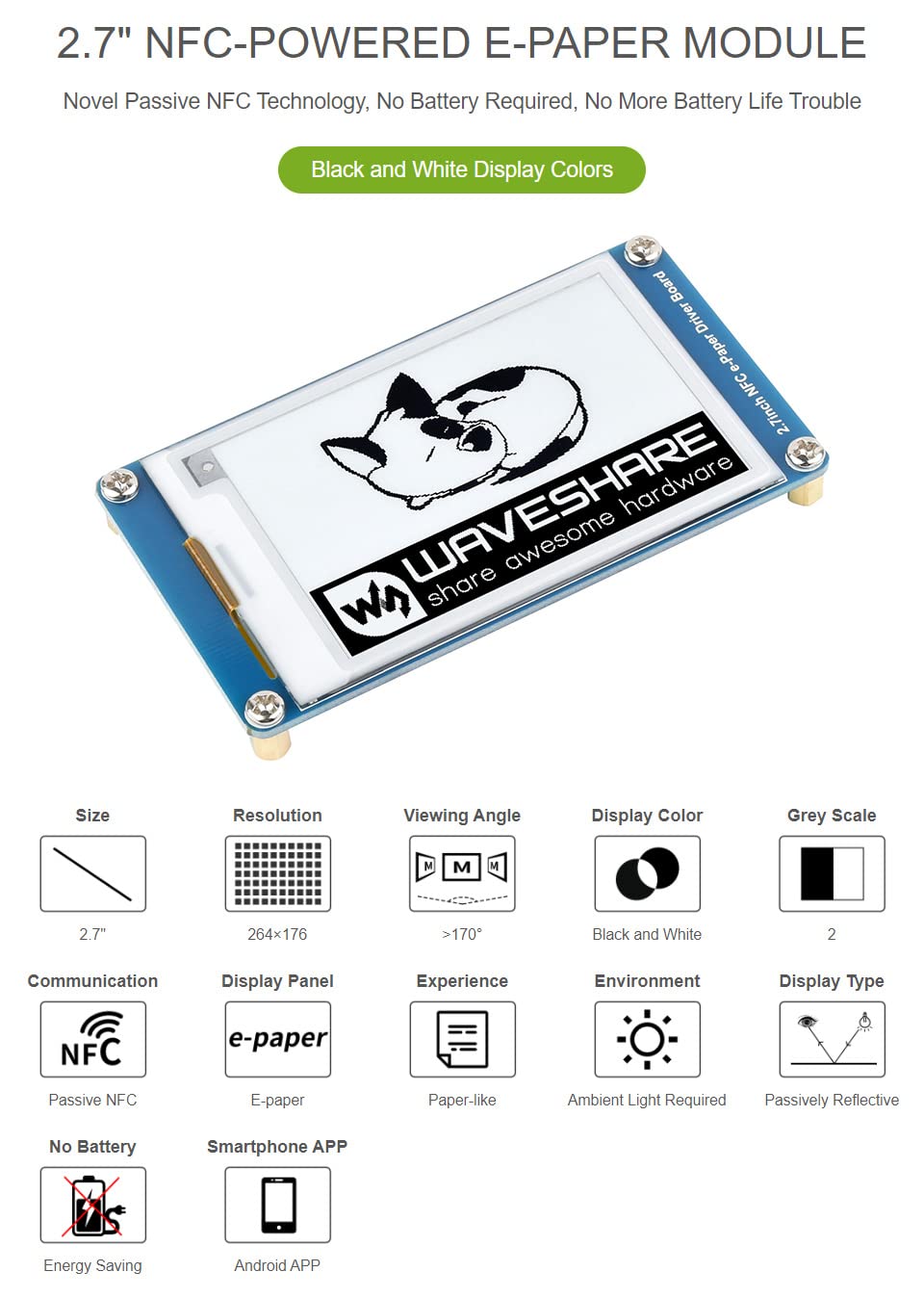 Waveshare 2.7inch Passive NFC-Powered E-Paper Module No Battery Wireless Powering & Data Transfer Provides Android APP Black and White Display