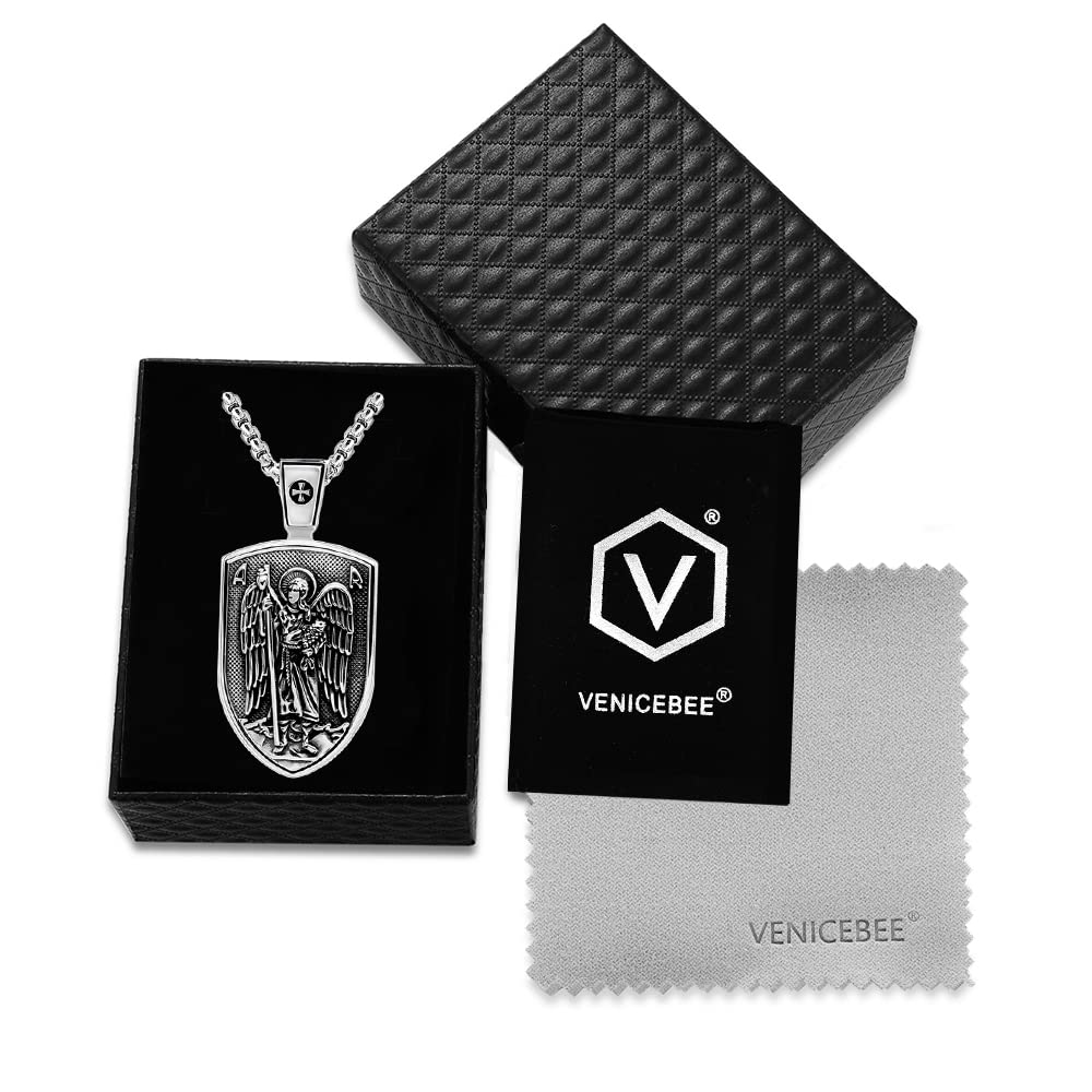 VENICEBEEĀ® Archangel St. Raphael Protect Us Medal Saint Healer Angel Christian Amulet Solid 925 Sterling Silver Pendant Necklace + Velvet Pouch, Polishing Cloth, Fine Gift Box