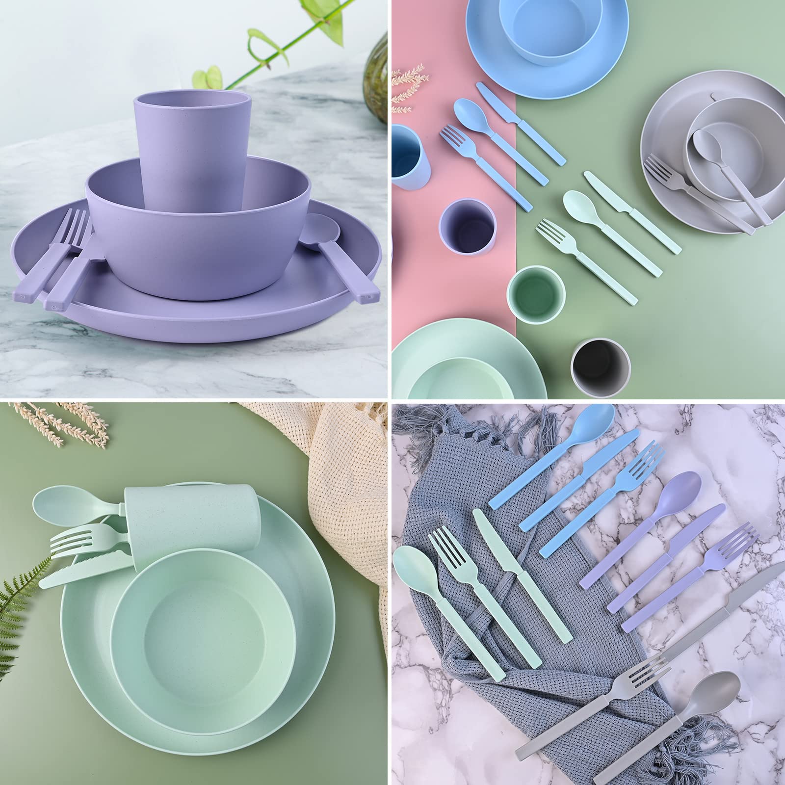 Wheat Straw Dinnerware Sets - 24 pcs Lightweight Bowls Unbreakable Dish Set Dishwasher Microwave Safe Wheat Straw Cups Cutlery Plates and Bowls Set for 4 Suitable for Camping Party Grill(Four Colors)