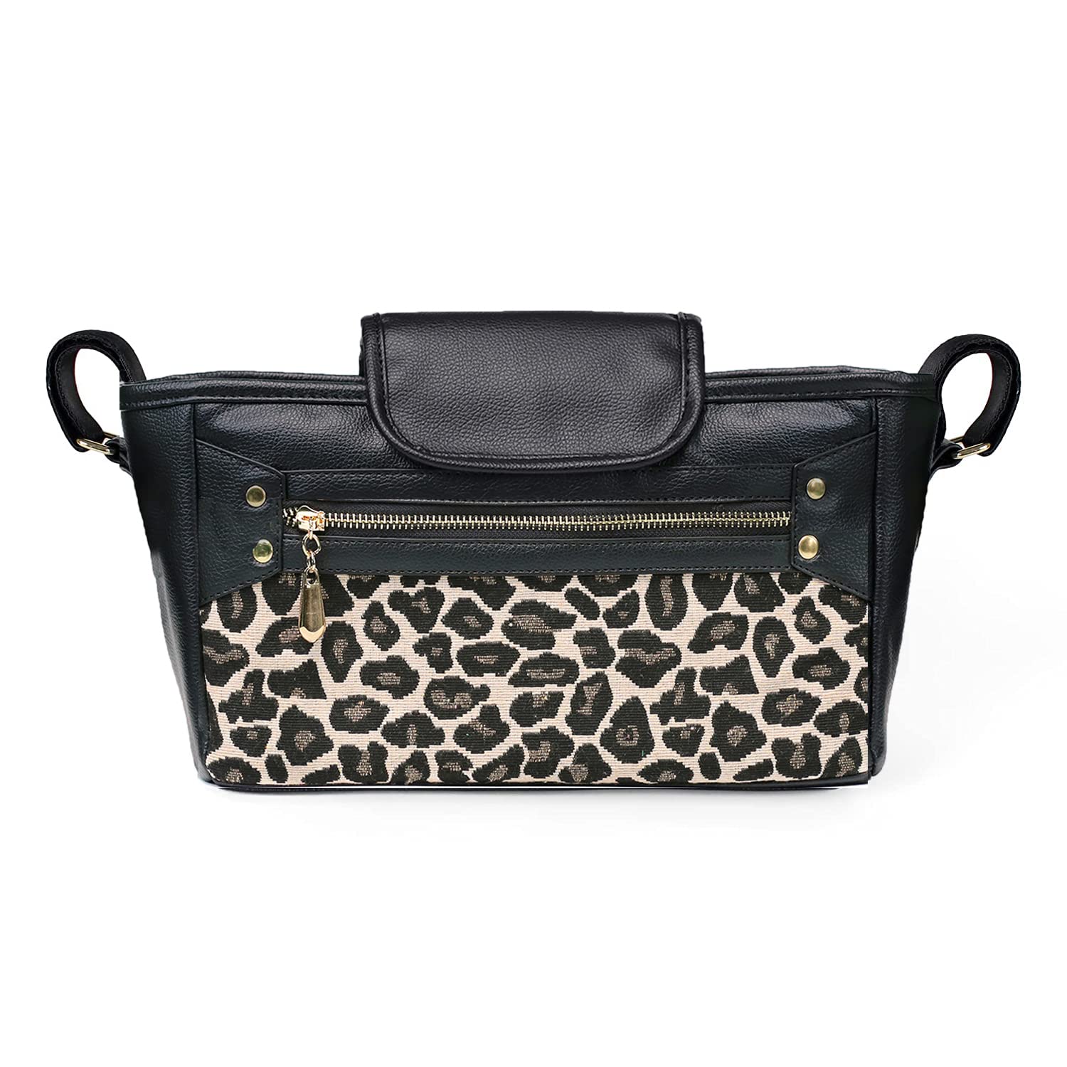 Valleycomfy Universal Stroller Organizer-Parent Console with Insulated Cup Holders-Stroller Caddy with Adjustable Straps Fit For Most Stroller, Leopard